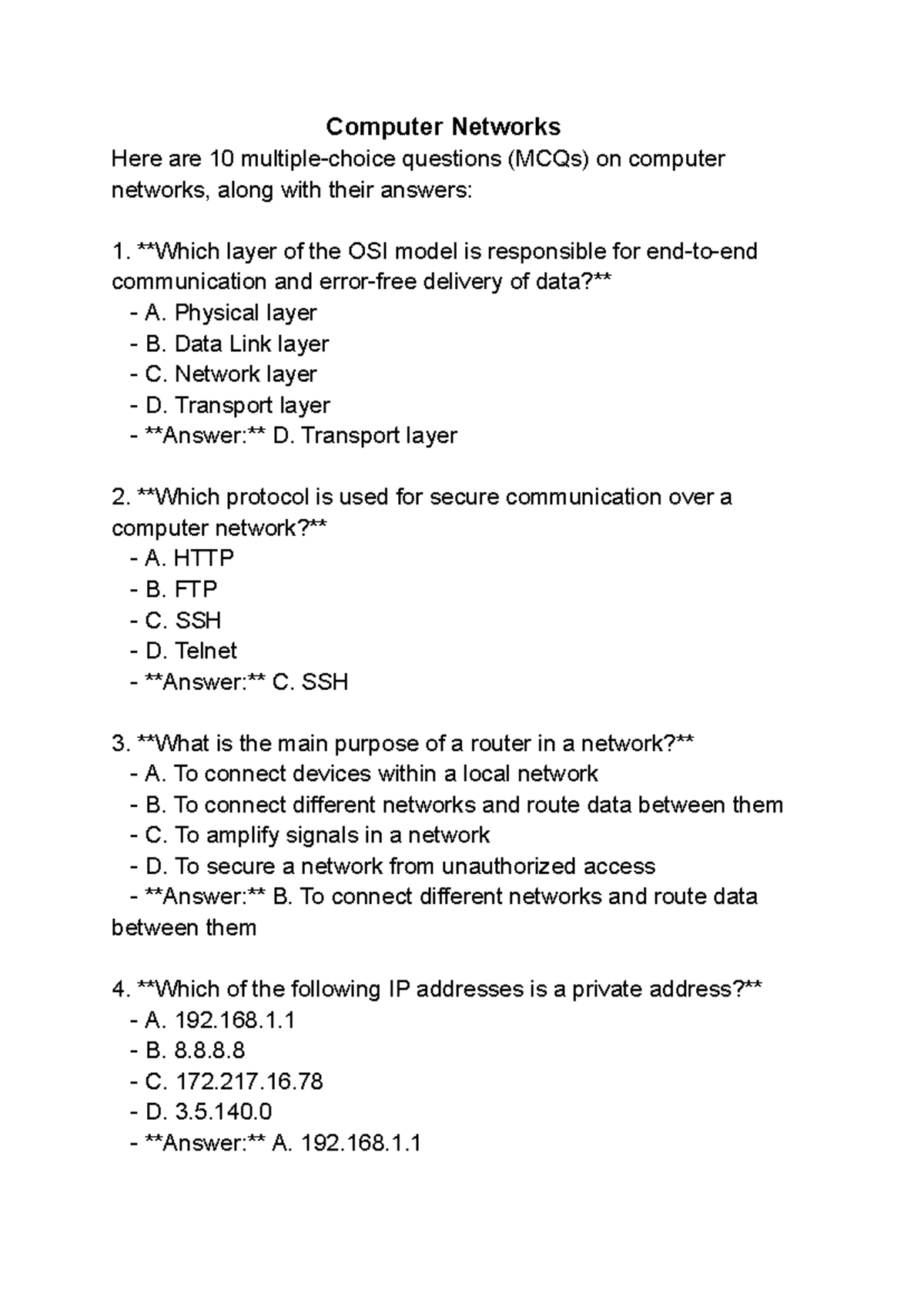 Computer network mcq - Computer Networks Here are 10 multiple-choice questions (MCQs) on ...