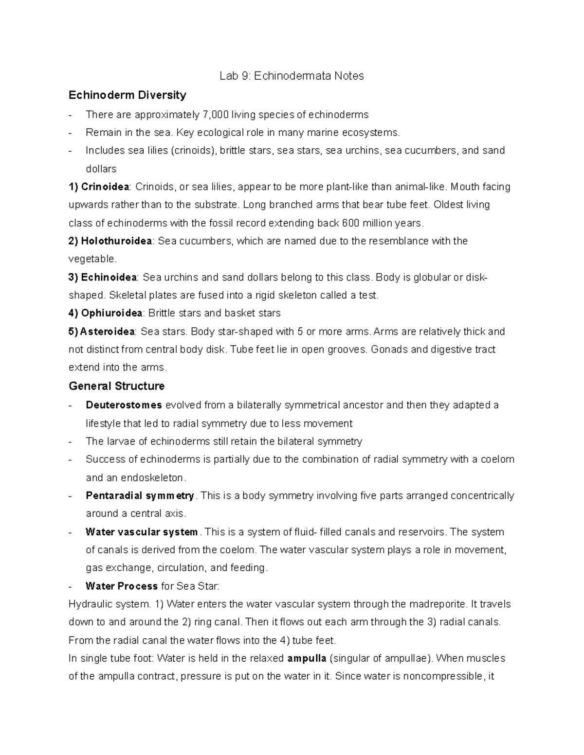 Lab 9 Echinodermata Notes - Lab 9: Echinodermata Notes Echinoderm ...