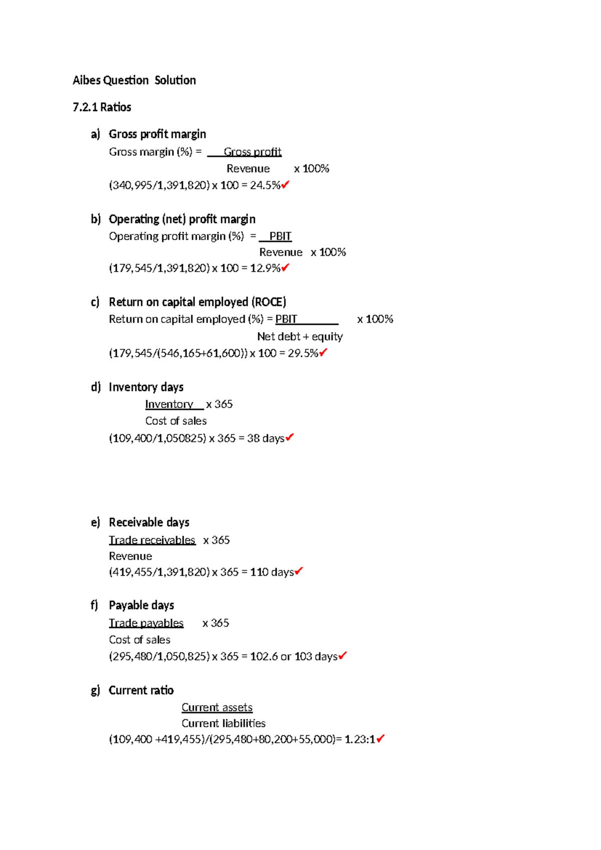 ITA Ratios - Aibes Question Solution 7.2 Ratios a) Gross profit margin Gross margin (%) = Gross ...