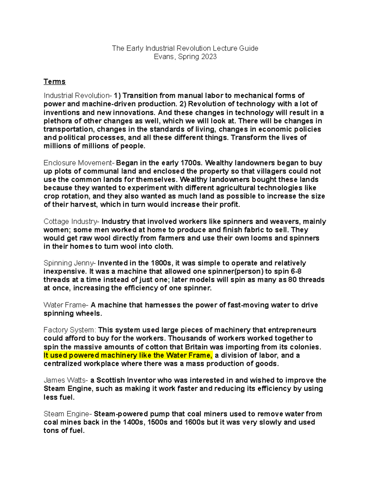 The Industrial Revolution Lecture Guide - The Early Industrial ...