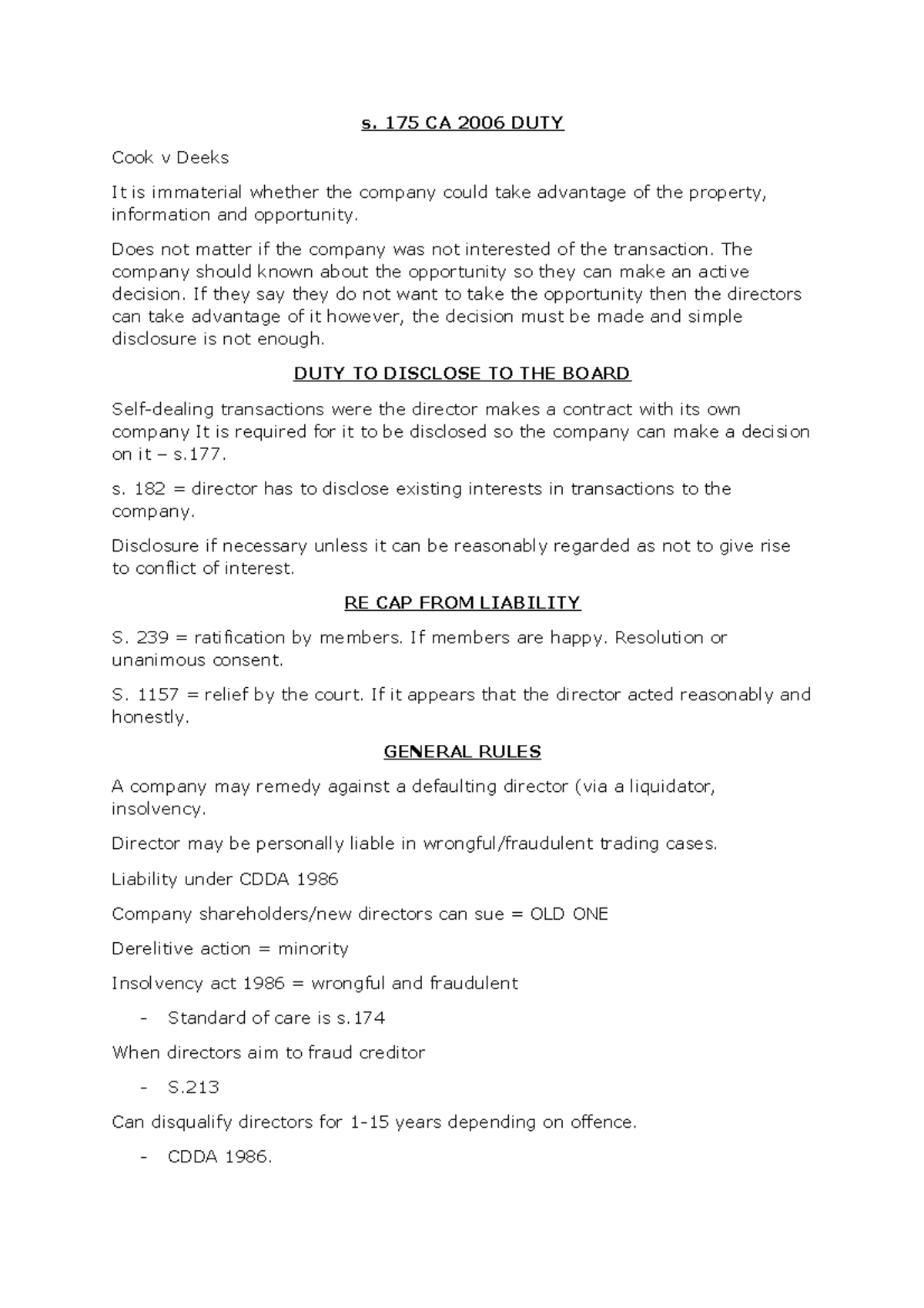 S. 175 CA 2006 DUTY COLLECTION - s. 175 CA 2006 DUTY Cook v Deeks It is ...