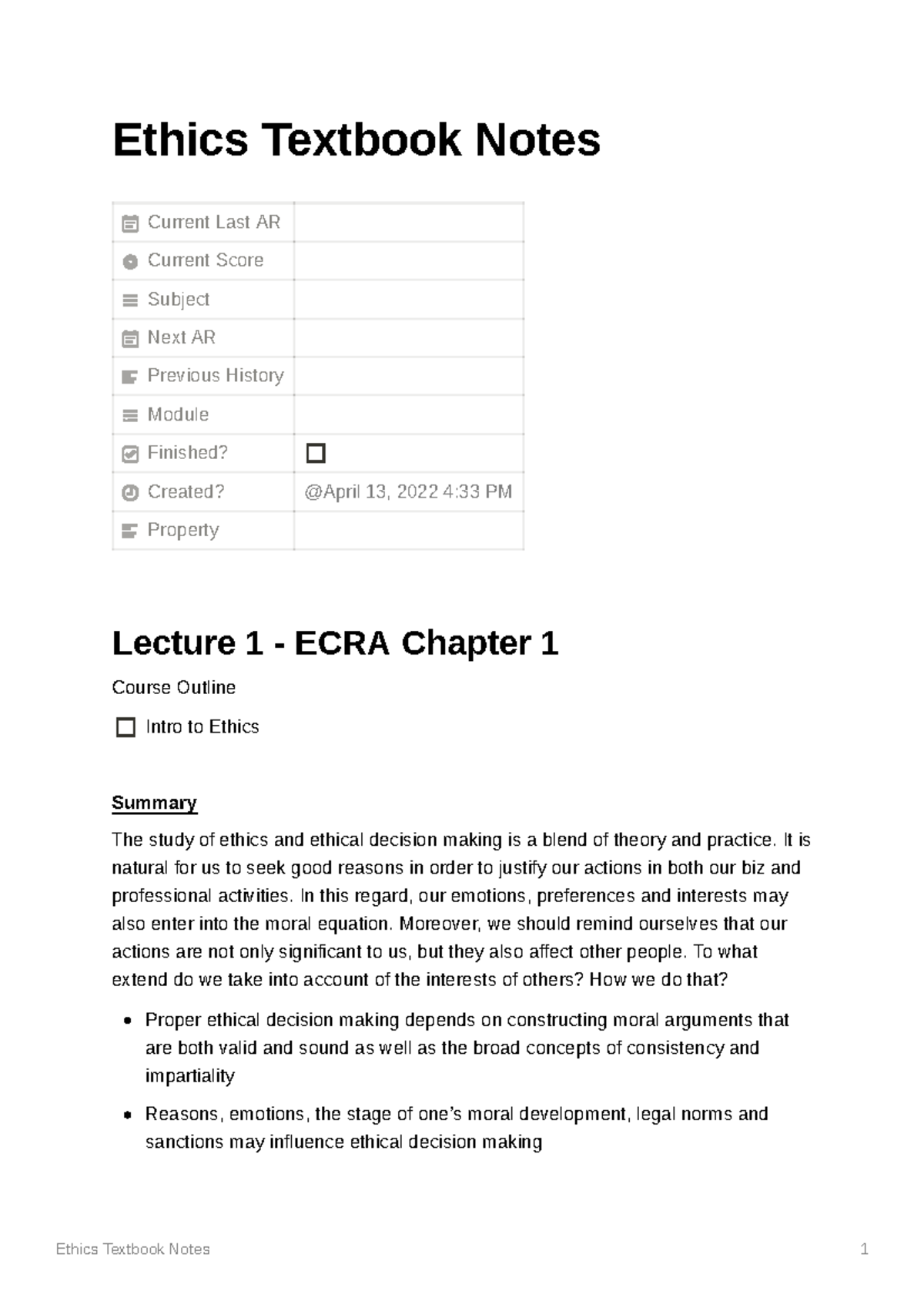 Ethics Textbook Notes - Ethics Textbook Notes Current Last AR Current ...