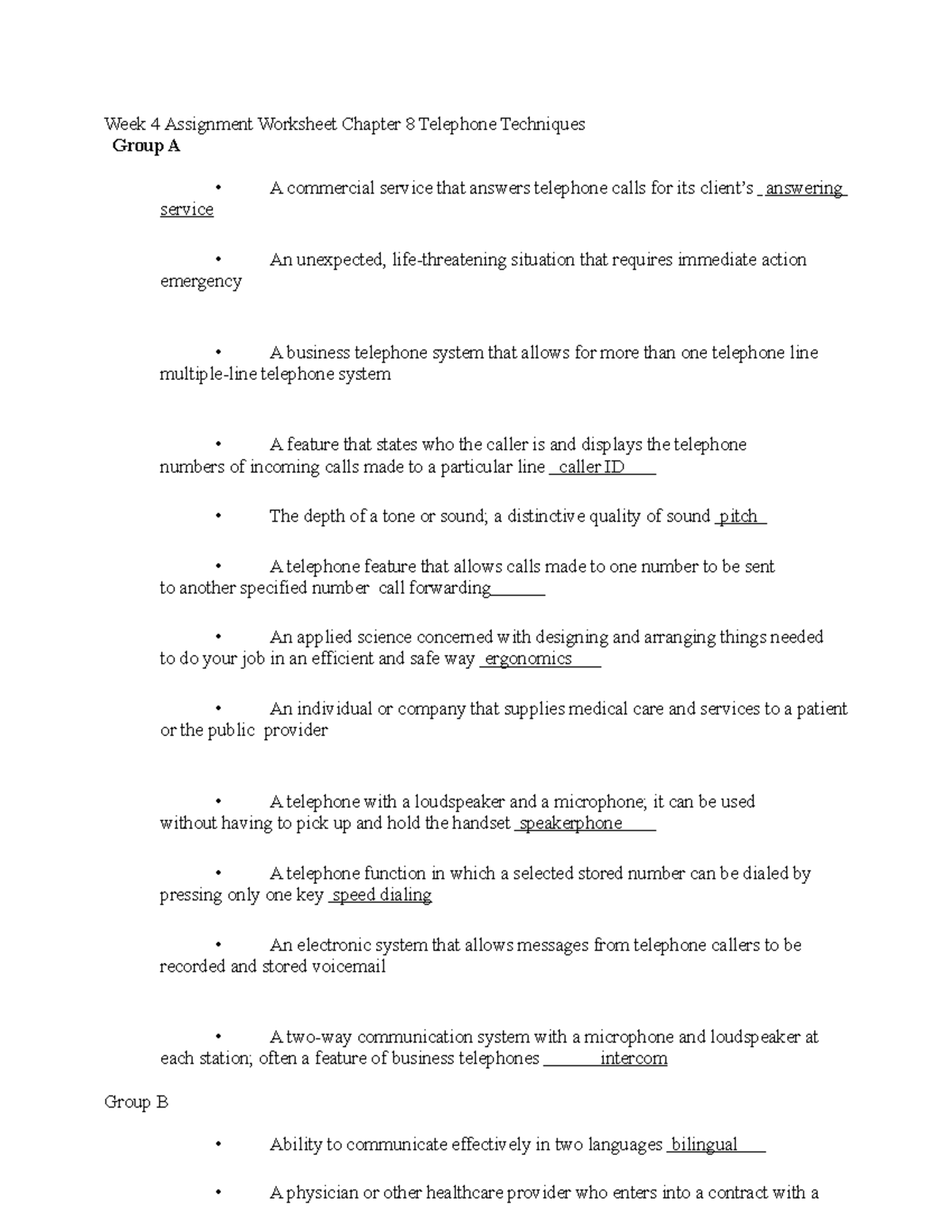 Week 4 Assignment Worksheet - Week 4 Assignment Worksheet Chapter 8 Telephone Techniques Group A ...