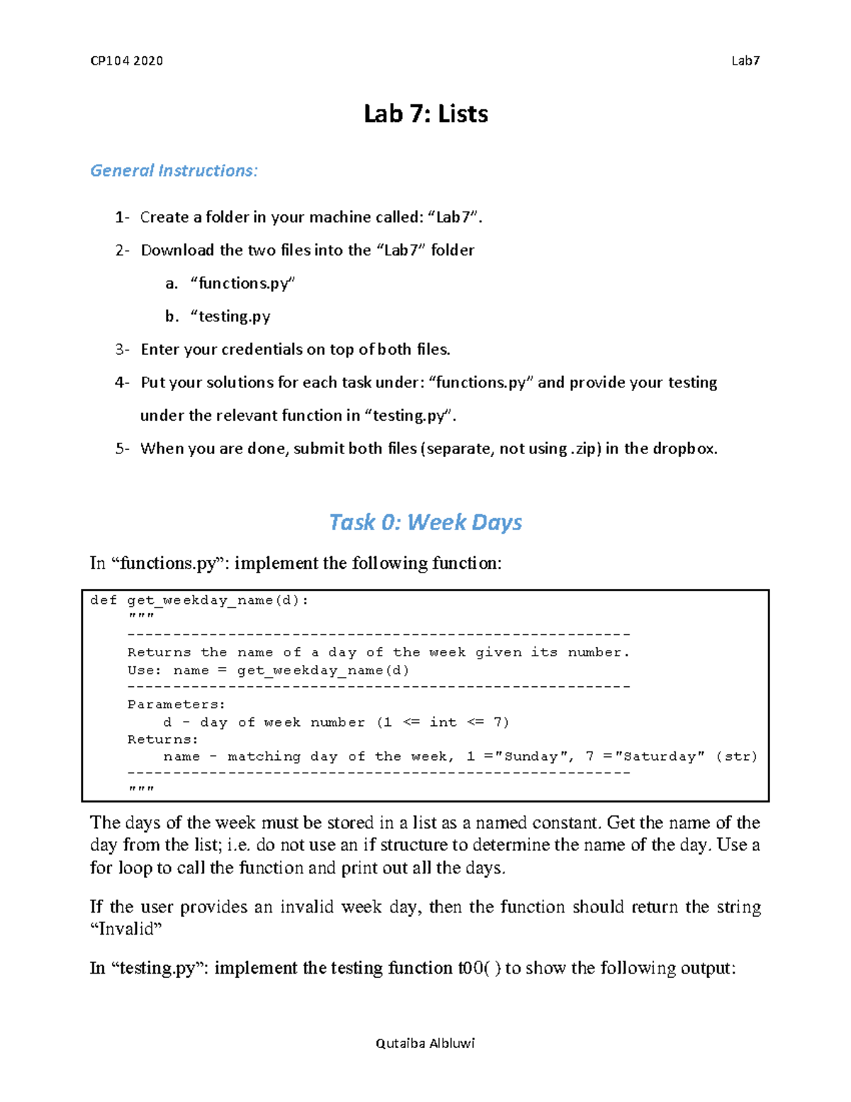 Lab7 CP104 Fall2020 - asignment for class - Lab 7 : Lists General ...