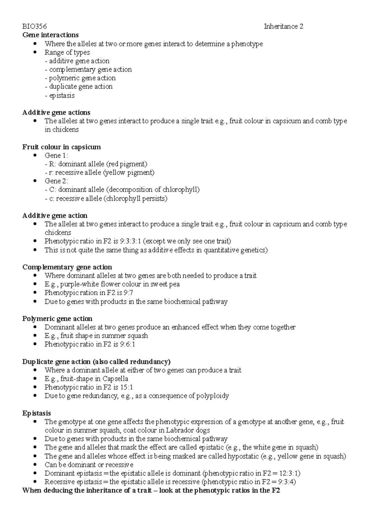 Lecture 8 Inheritance 2 - BIO356 Inheritance 2 Gene interactions Where the alleles at two or ...