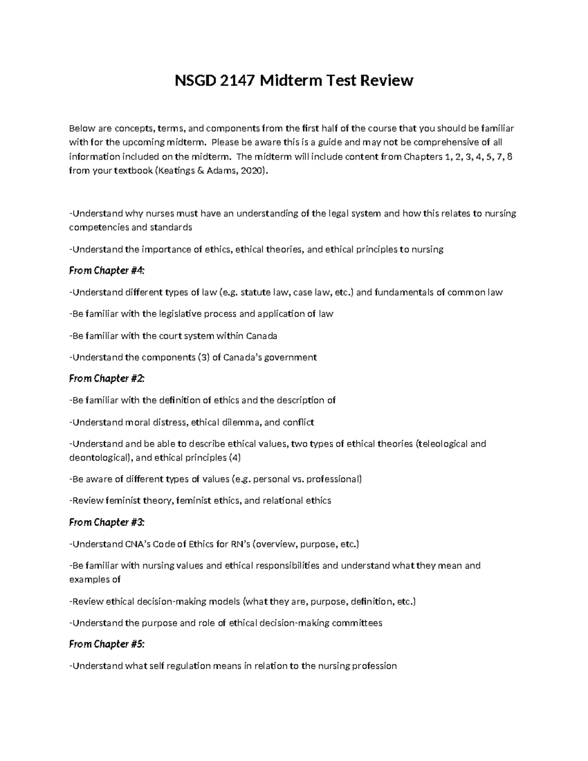 Midterm Test Review 2147 - NSGD 2147 Midterm Test Review Below are ...