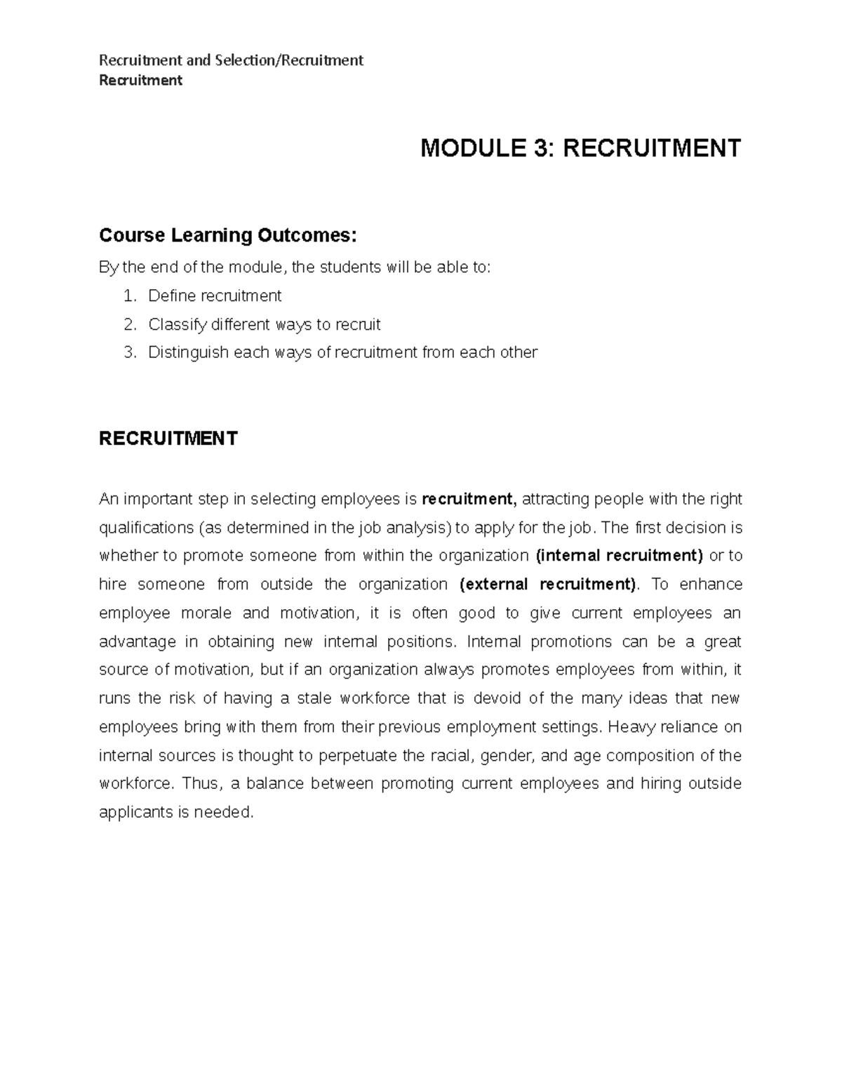 W3-W4-Module-3-Recruitment-2 - MODULE 3: RECRUITMENT Course Learning Outcomes: By the end of the ...