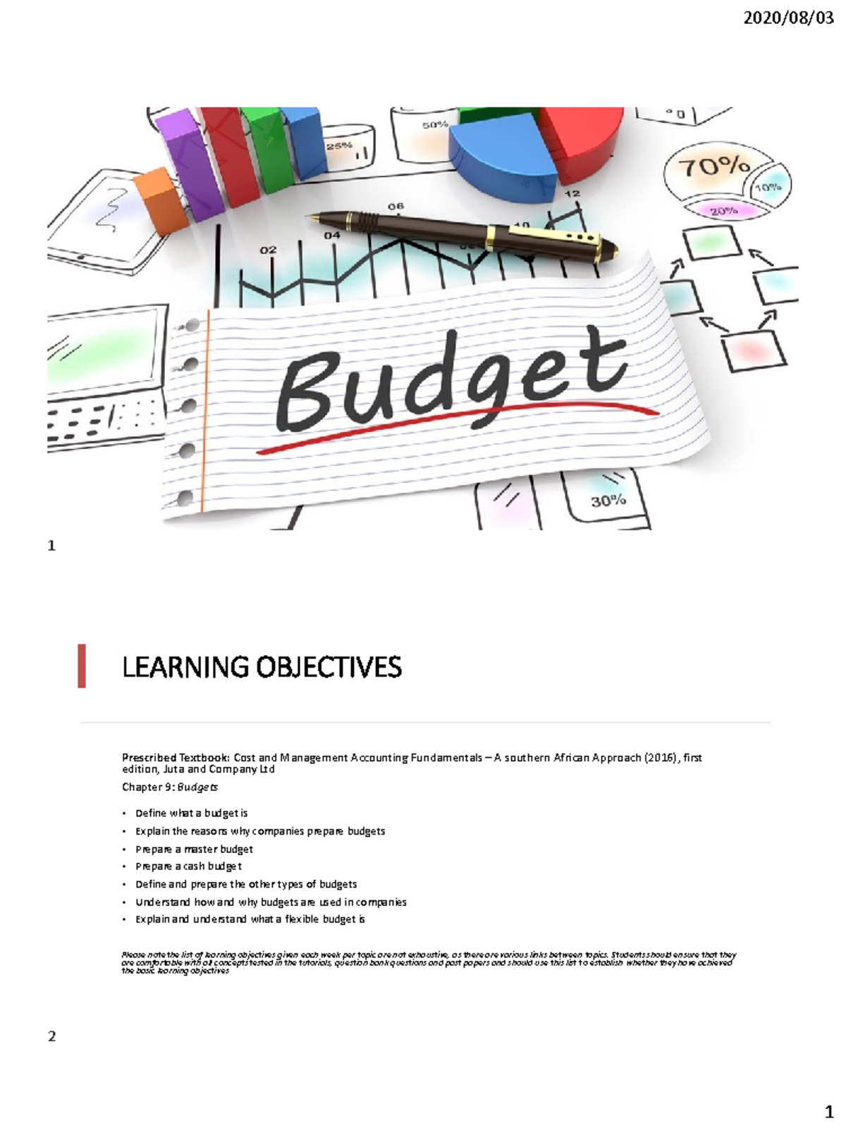 Budgets Lecture Notes 1 Learning Objectives Prescribed Textbook Cost And Management