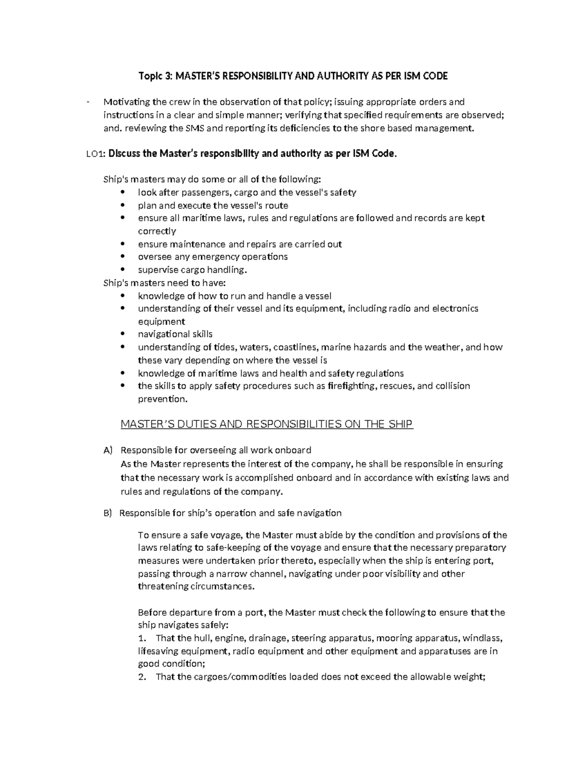 Topic-3 - NOTES - Topic 3: MASTER’S RESPONSIBILITY AND AUTHORITY AS PER ...