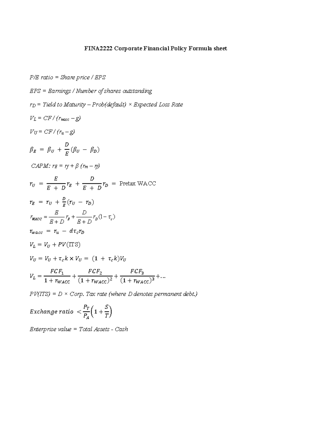 Formula sheet 2024 - essays - FINA2222 Corporate Financial Policy ...