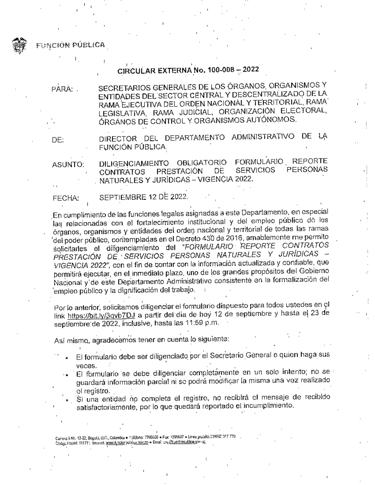 Circular externa 100 008 septiembre 12 2022 - Derecho Administrativo - Uniatlántico - Studocu