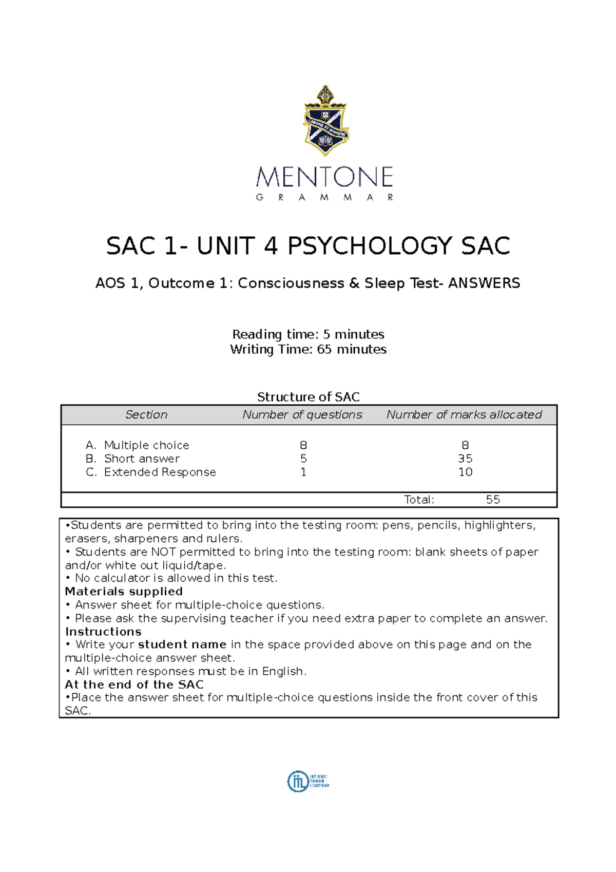2021 Psych Unit 4 Outcome 1 SAC Answers - SAC 1- UNIT 4 PSYCHOLOGY SAC ...