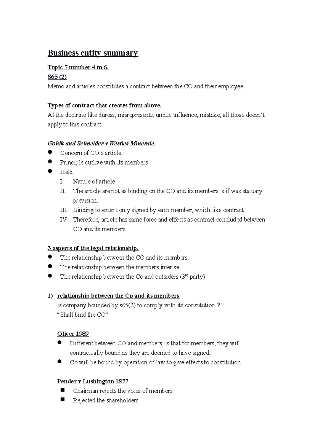 Business entity summary topic 7 - S65 (2) Memo and articles constitutes ...