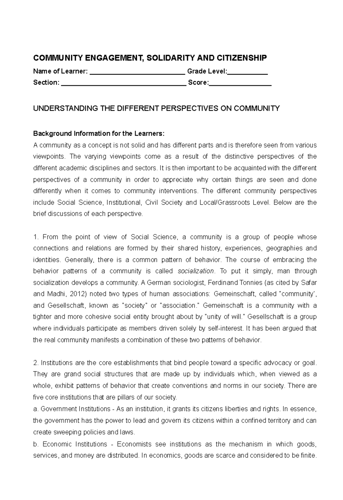 Activity 3 CESC 1 for SHS - COMMUNITY ENGAGEMENT, SOLIDARITY AND ...