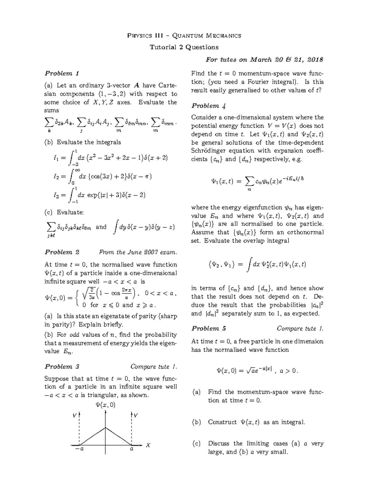PHYS3 QM Tutorial 2 (2018 ) - Physics III – Quantum Mechanics Tutorial ...