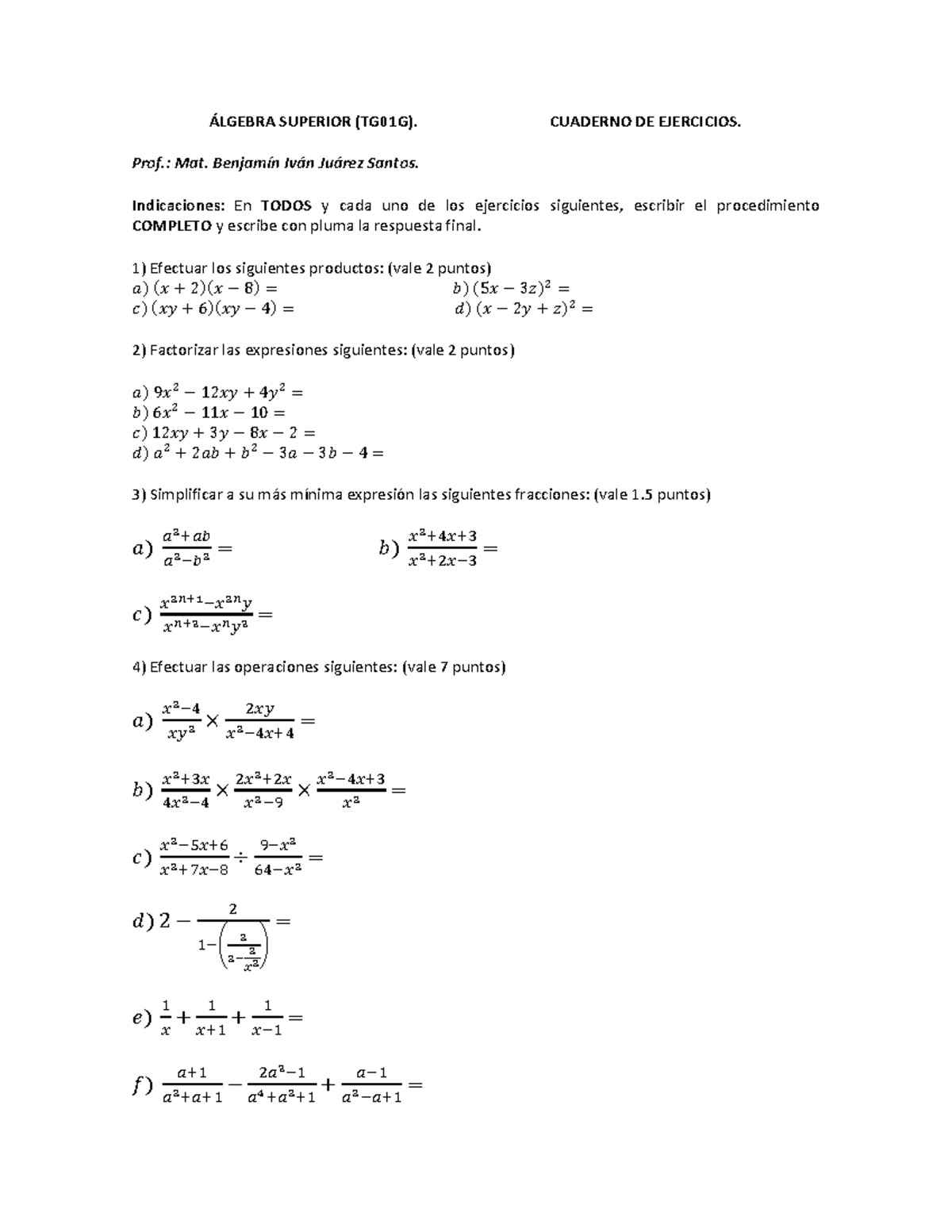 Álgebra Superior. TG01G. Cuaderno DE Ejercicos (1) - ÁLGEBRA SUPERIOR ...