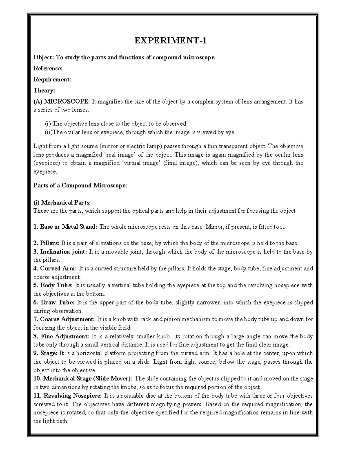 EXP-1 - Detail experiment - EXPERIMENT- Object: To study the parts and ...