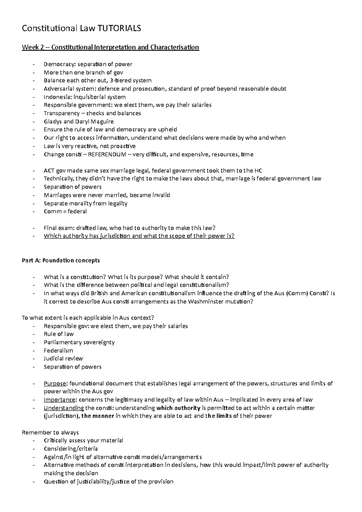 Constitutional Tutorials LAWS3000 - Constitutional Law TUTORIALS Week 2 ...