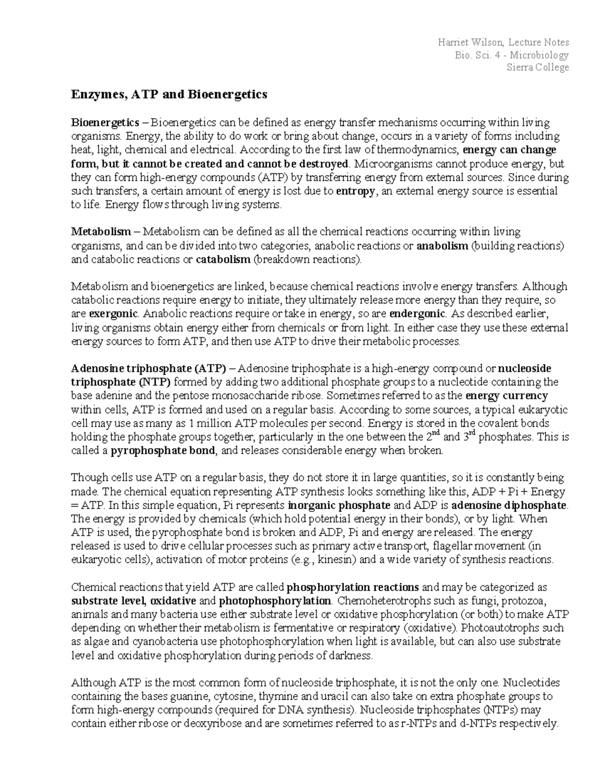Enzymes, ATP and Bioenergetics - Harriet Wilson, Lecture Notes Bio. Sci ...