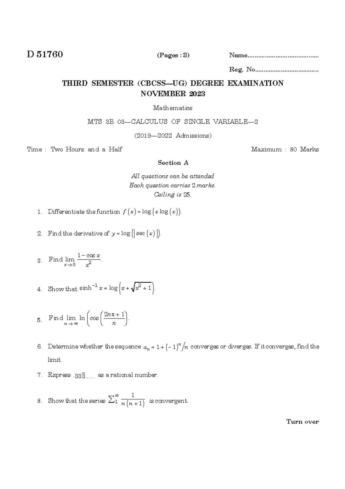 51760 MTS 3B 03 Calculus of Single variable - 2 QP - Turn over D 51760 ...
