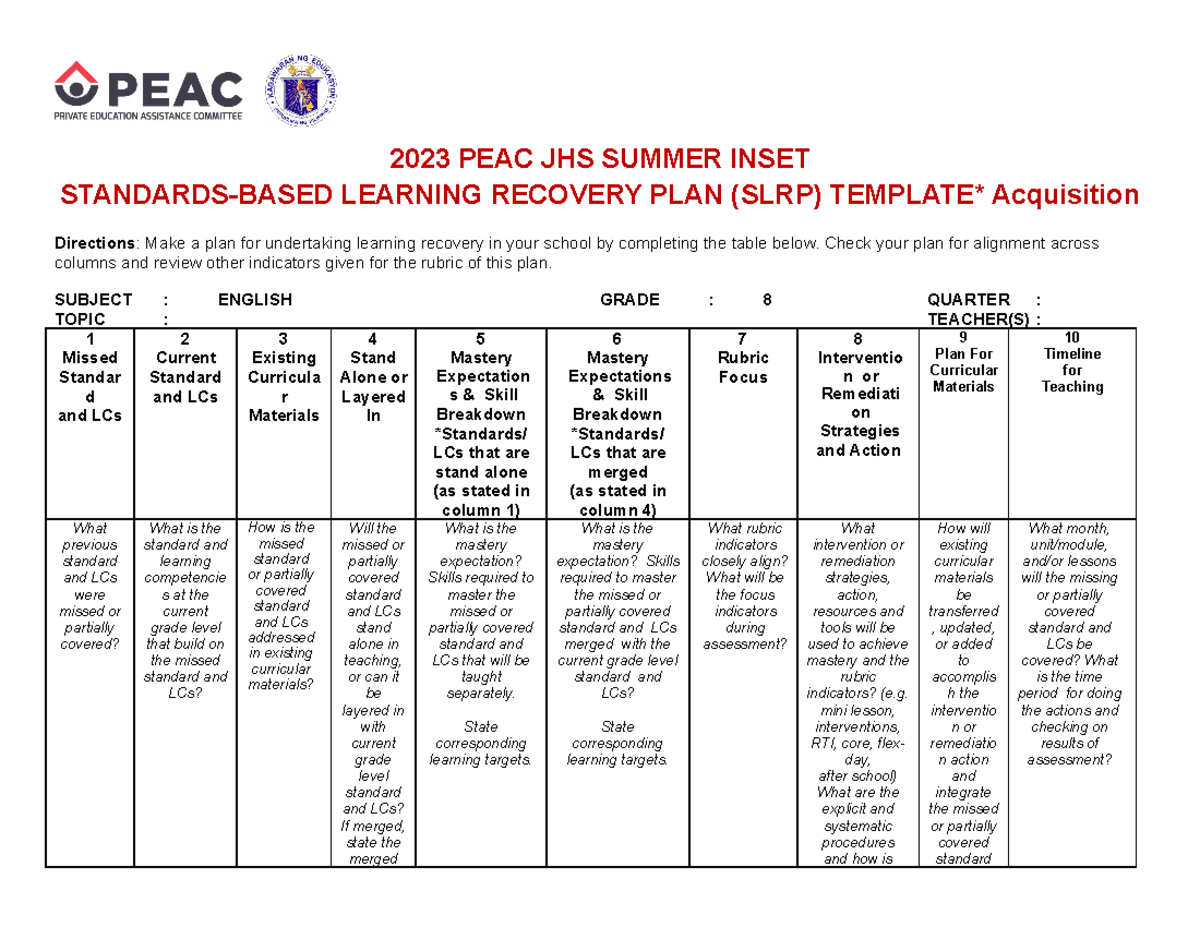 HO S2.5 SLRP Blank Template for Acquisition - 2023 PEAC JHS SUMMER ...