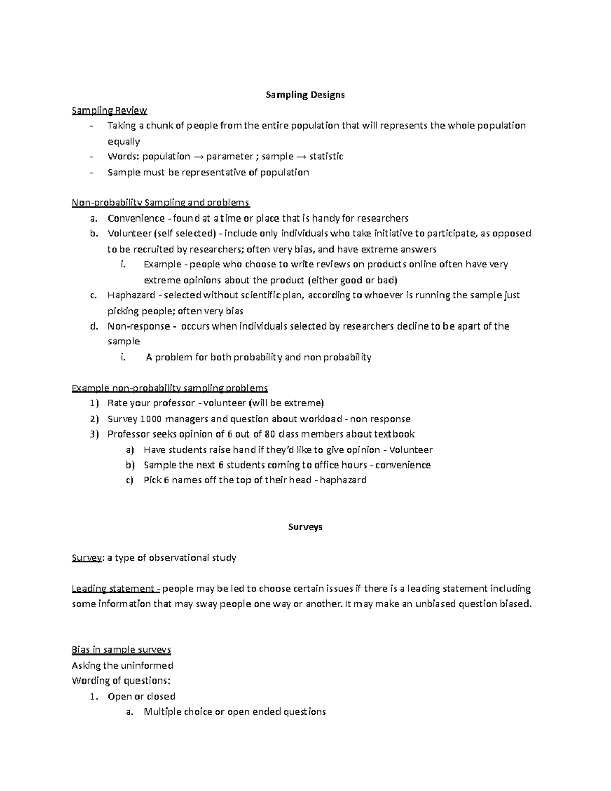 Stat notes week 2 - Sampling Designs Sampling Review - Taking a chunk ...