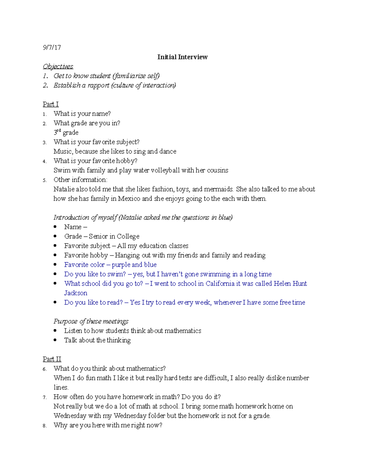 Initial Interview 1 - 9/7/17 Initial Interview Objectives 1. Get to ...