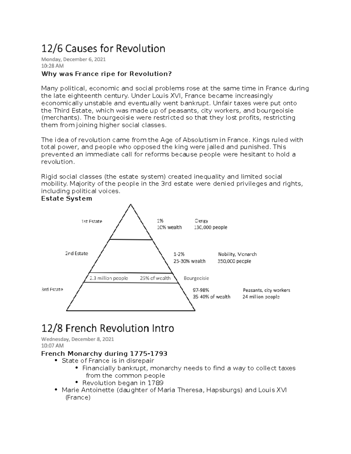 French Revolution Notes - Why was France ripe for Revolution? Many ...
