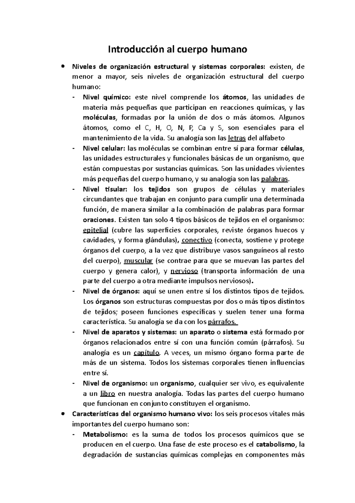 1 Introducción al cuerpo humano (Tortora) - al cuerpo humano Niveles de ...