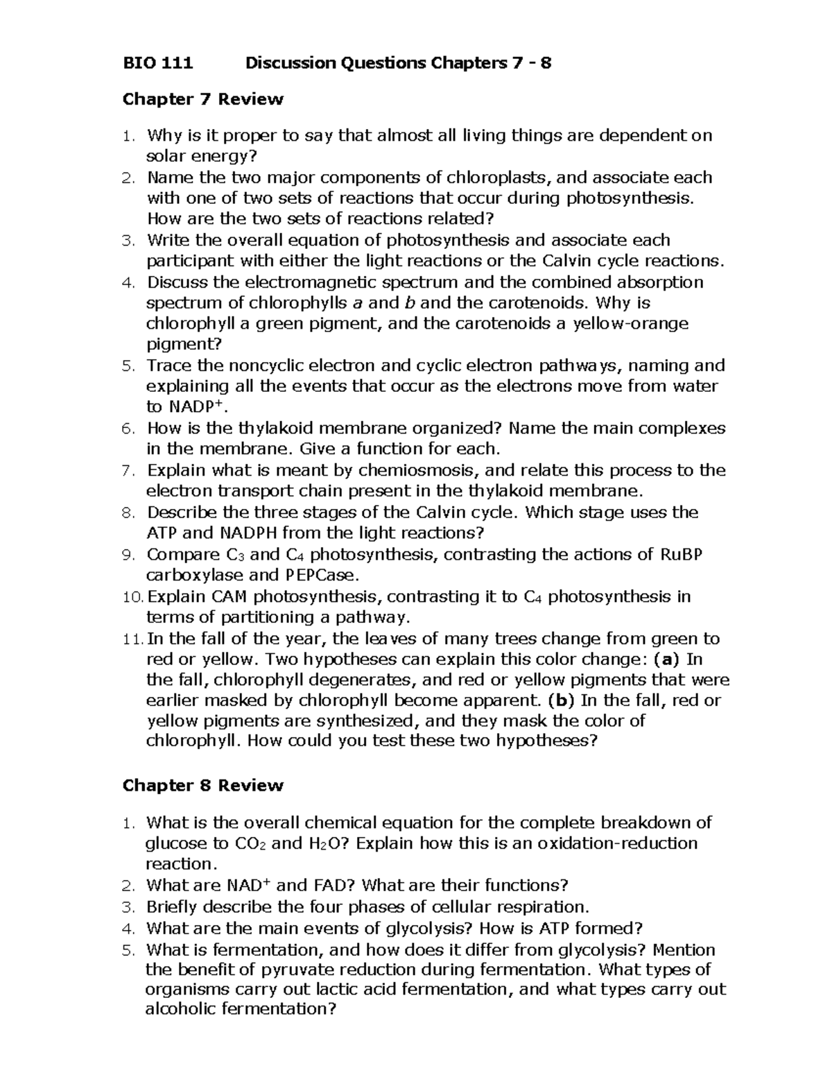 Lecture Questions Chapters 7-8 - BIO 111 Discussion Questions Chapters ...