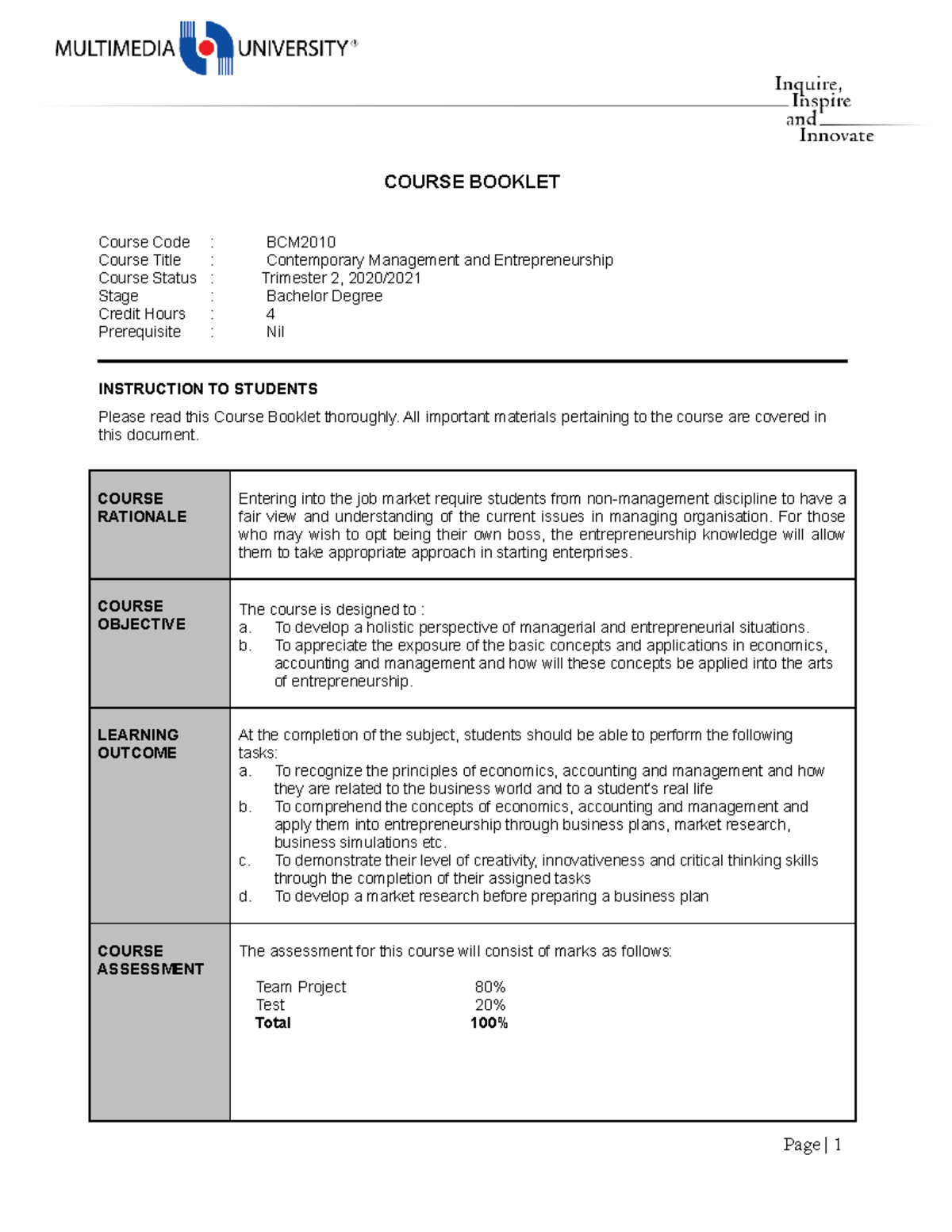 357652 BCM2010 Coursework Booklet Sem (Tri, 2020) - COURSE BOOKLET ...
