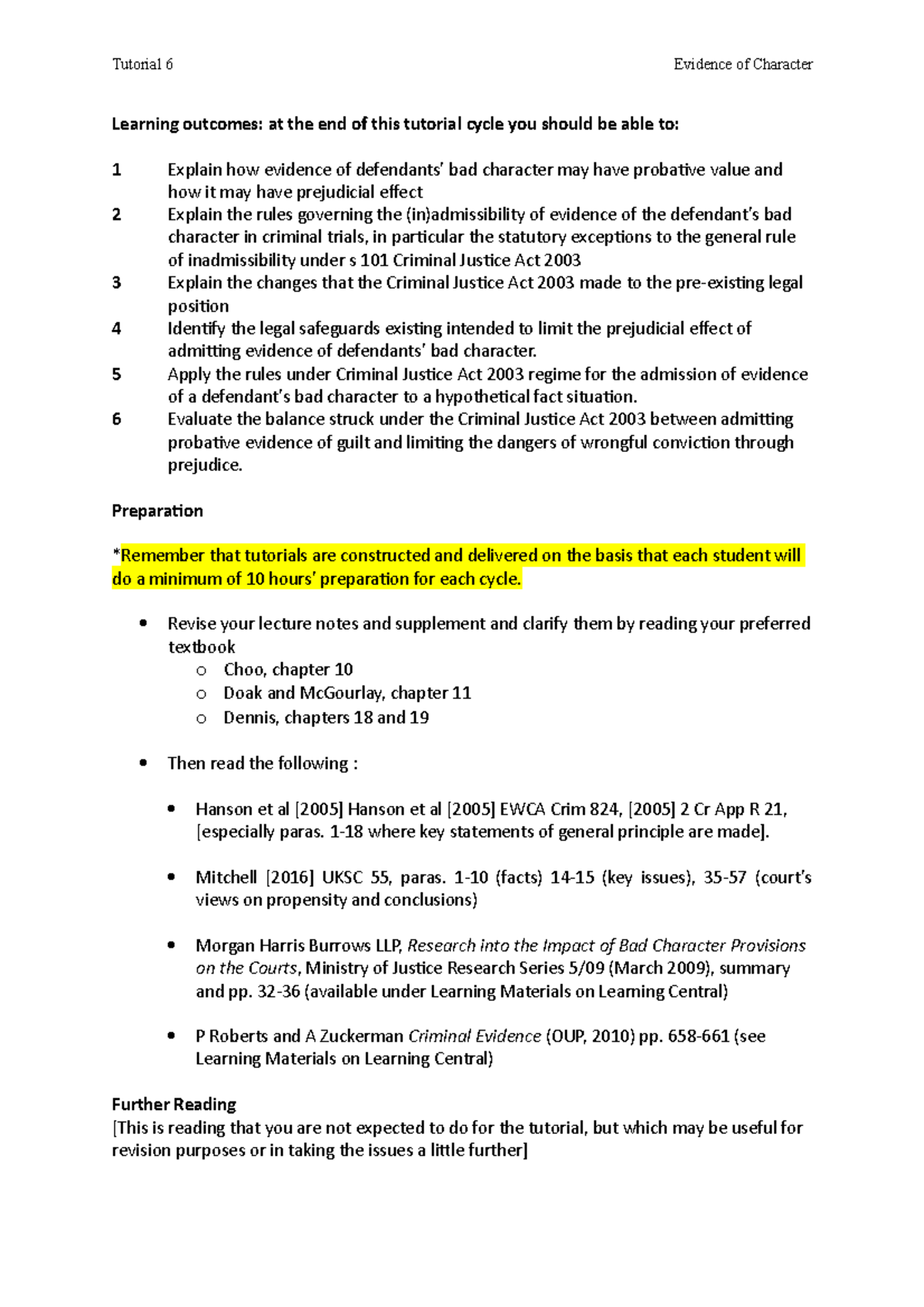 Evidence Tutorial 6 Character Evidence Learning Outcomes At The End Of This Tutorial Cycle