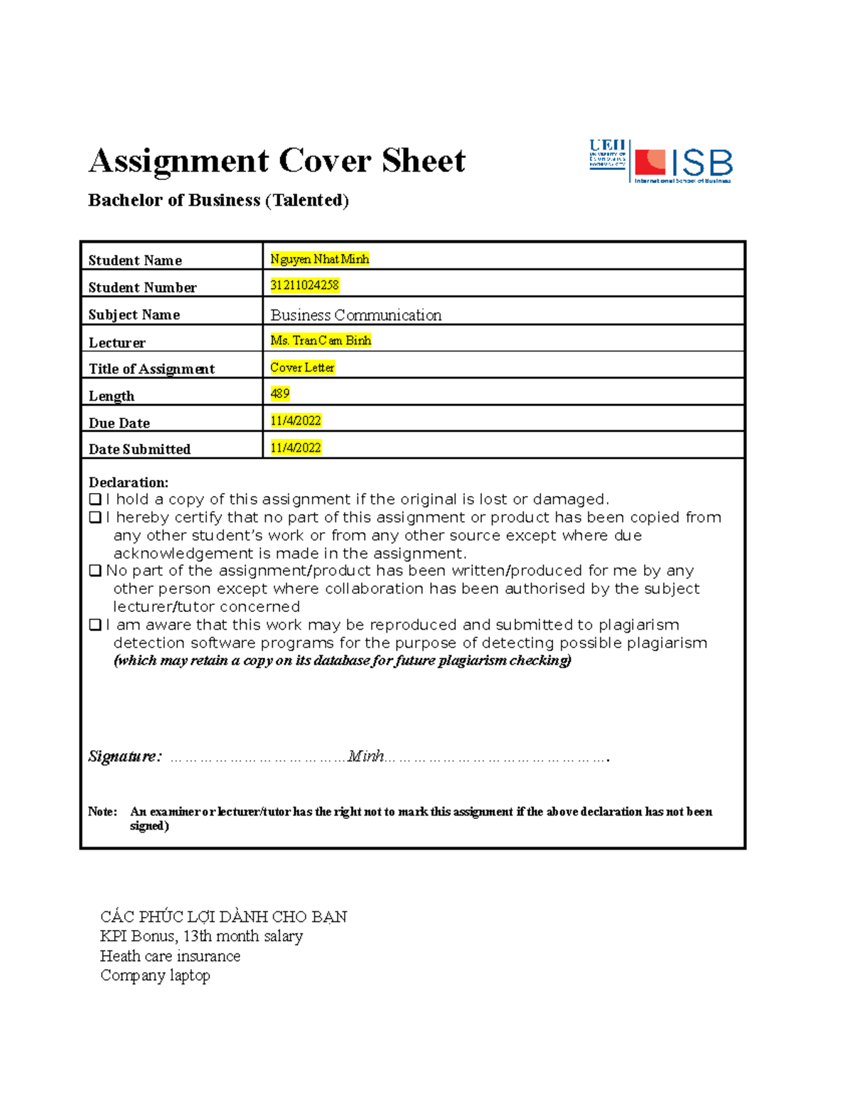 Cover Letters - Assignment Cover Sheet Bachelor of Business (Talented ...