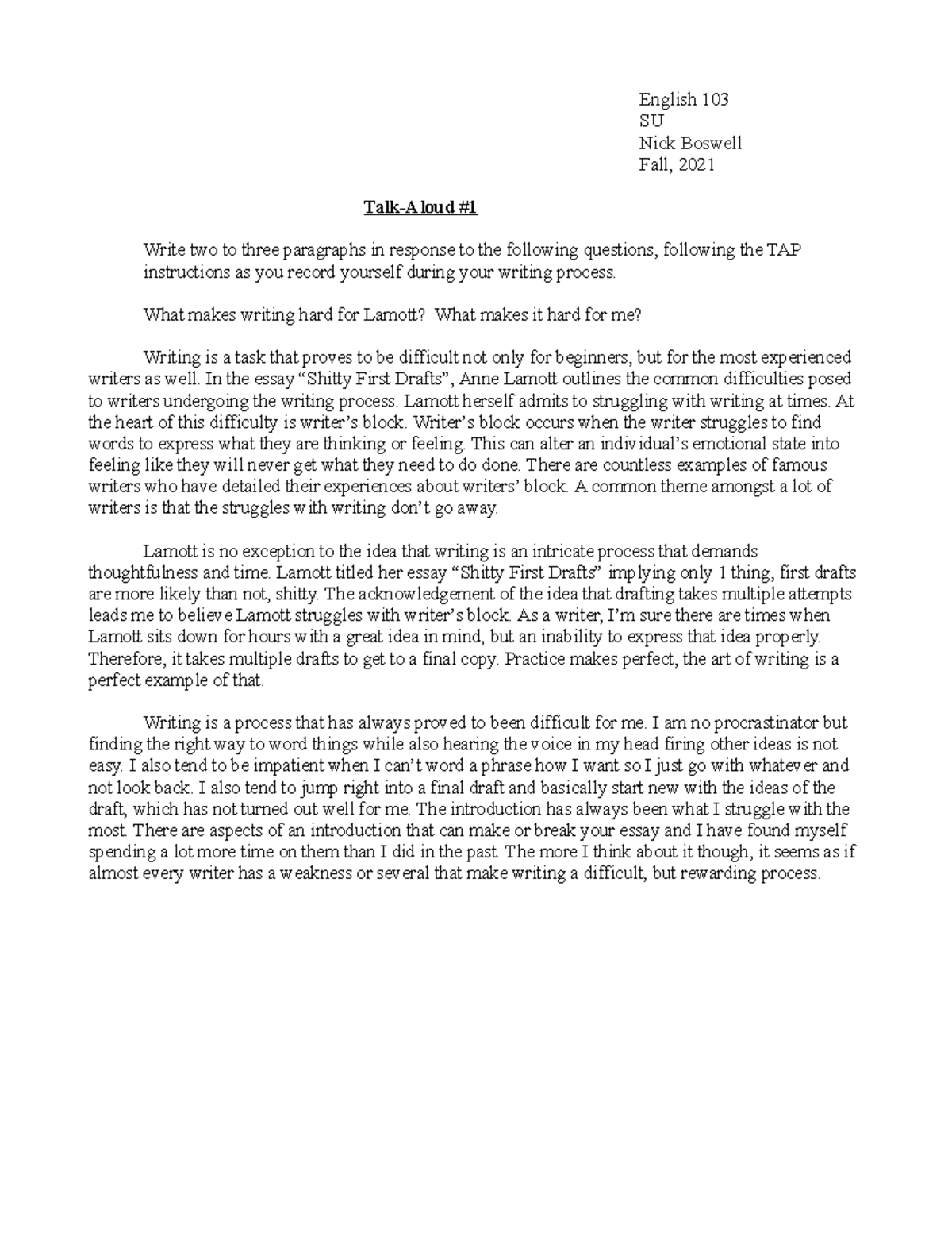 Anne Lamott - Anne lammott essay - English 103 SU Nick Boswell Fall ...