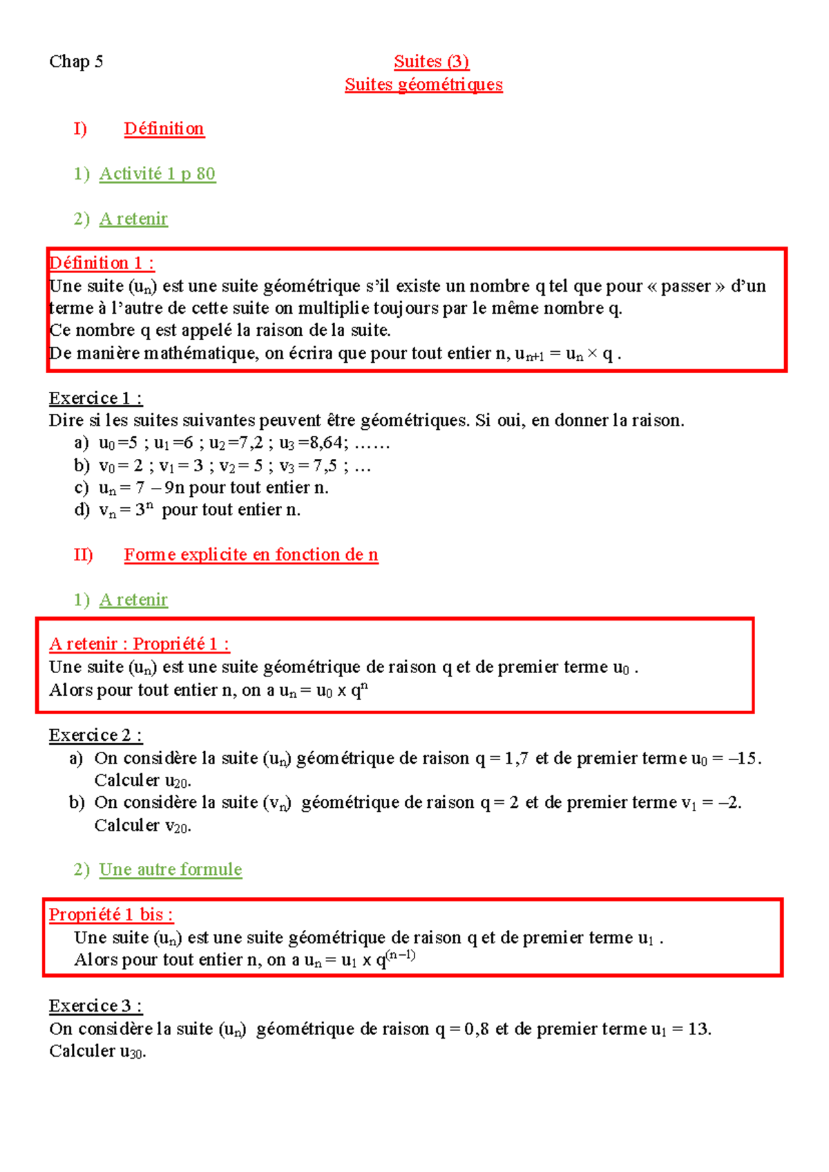 Chap 5 Suites géométriques - Chap 5 Suites ( 3 ) Suites géométriques I ...