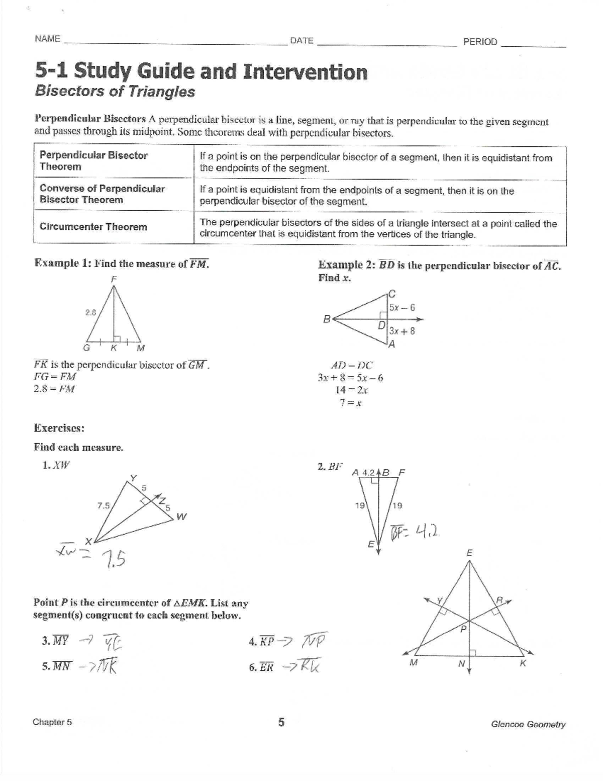 5 1 Study Guide And Intervention Bisectors Of Triangles 8947589357