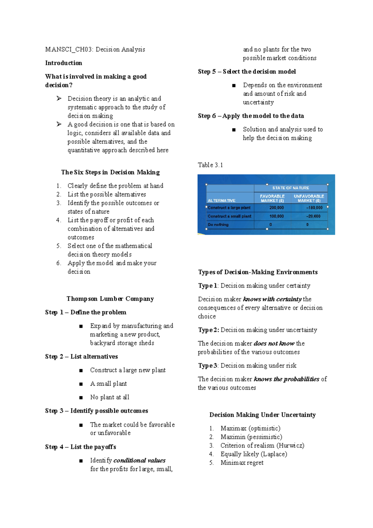 Mansci CH03 - MANSCI_CH03: Decision Analysis Introduction What is involved in making a good ...