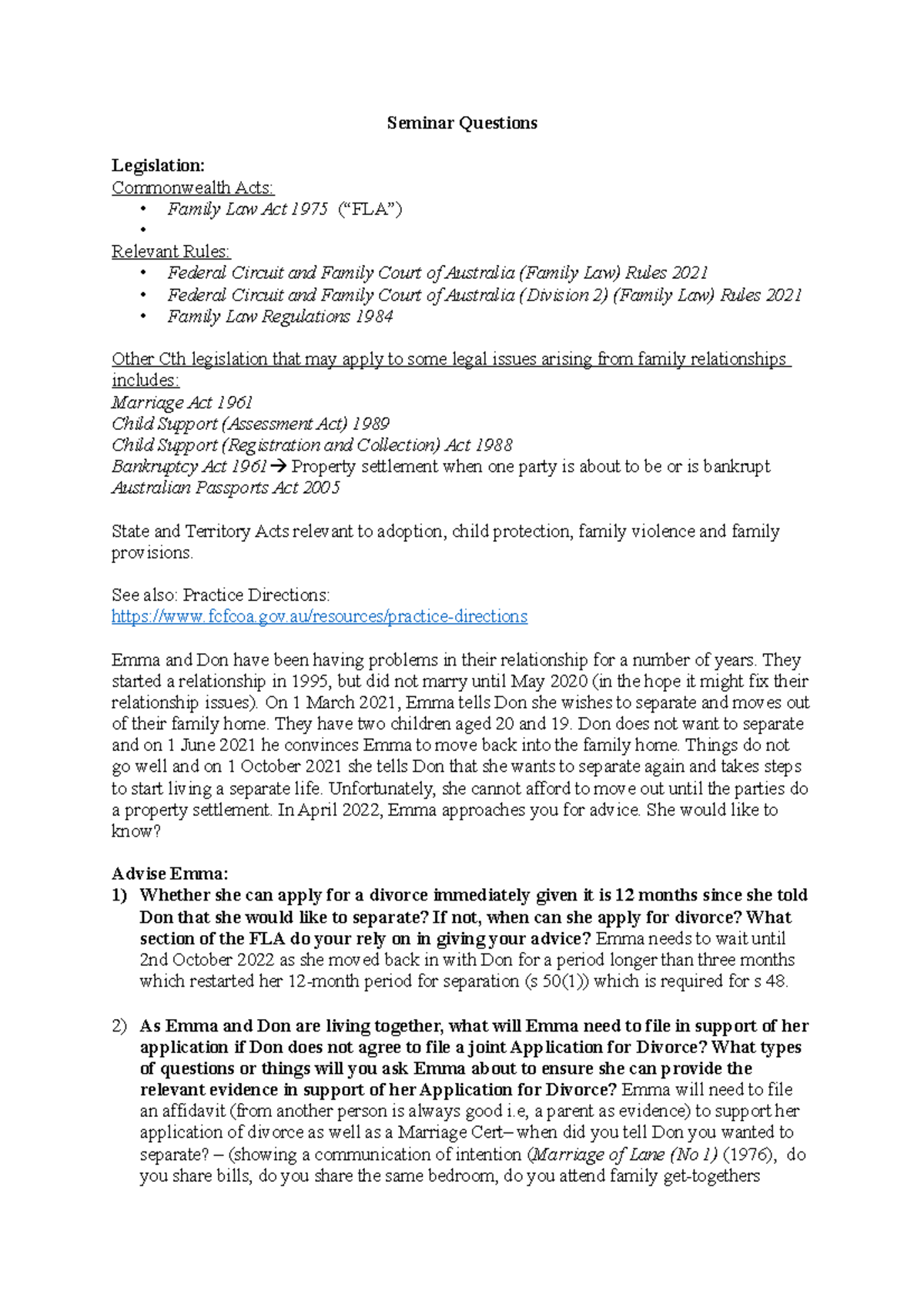 Seminar Questions - Seminar Questions Legislation: Commonwealth Acts ...
