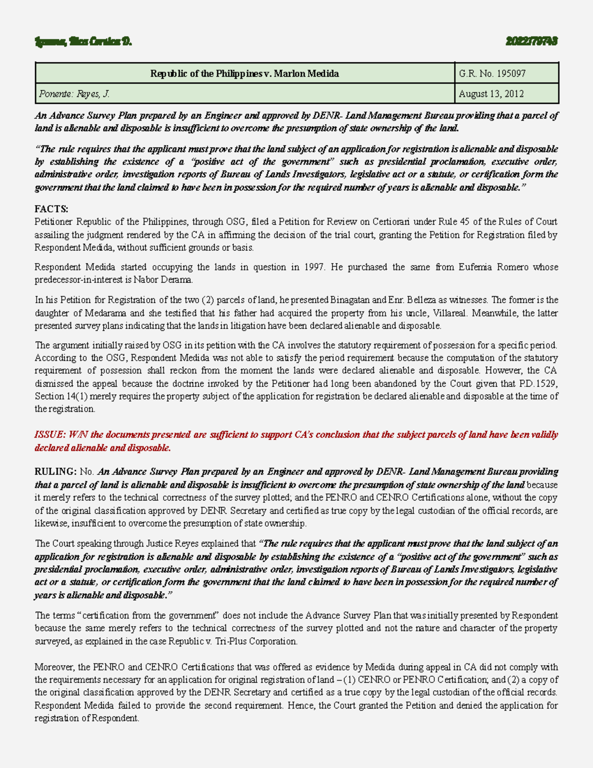 Republic v. Medida Digest - Lan, Ric Corsic D. 2022179743 Republic of ...