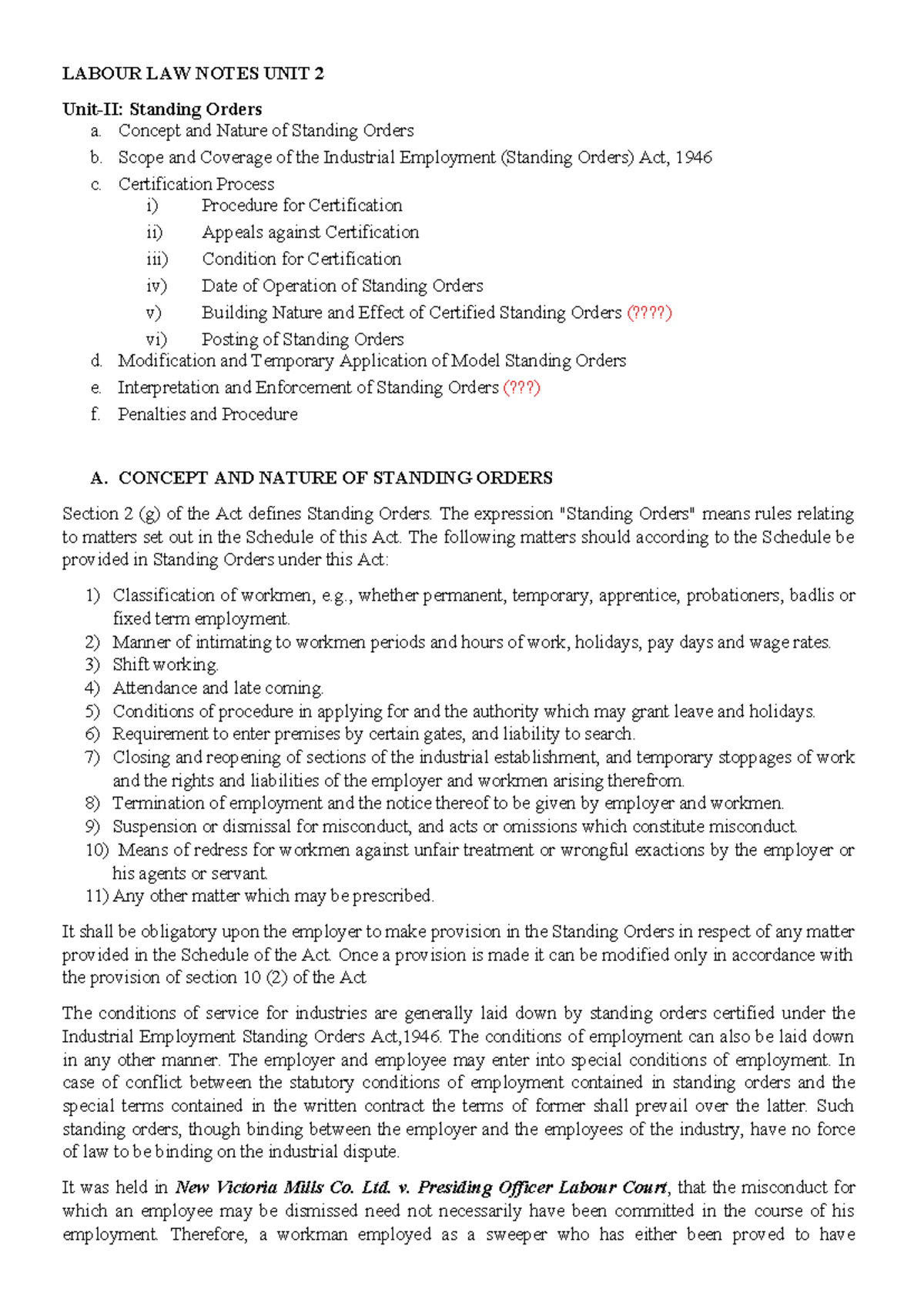 Labour LAW Notes UNIT 2 - LABOUR LAW NOTES UNIT 2 Unit-II: Standing ...