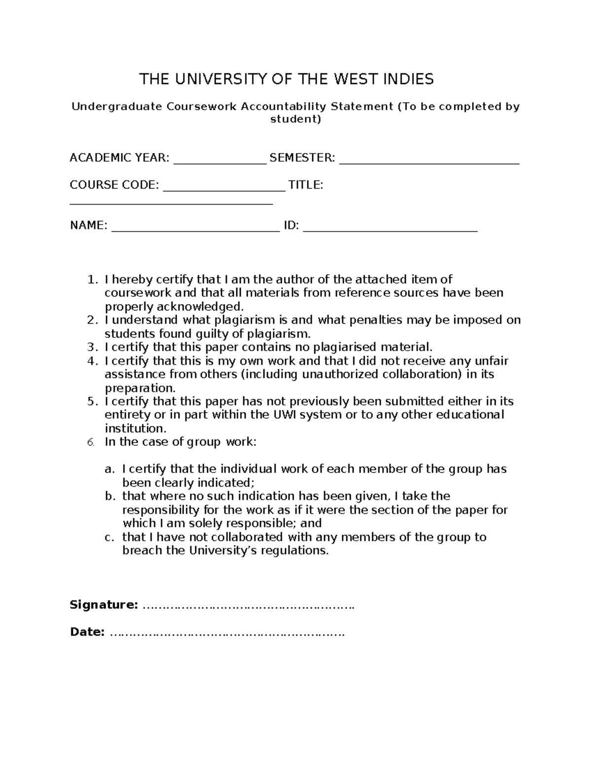 Student Accountability Statement - THE UNIVERSITY OF THE WEST INDIES ...