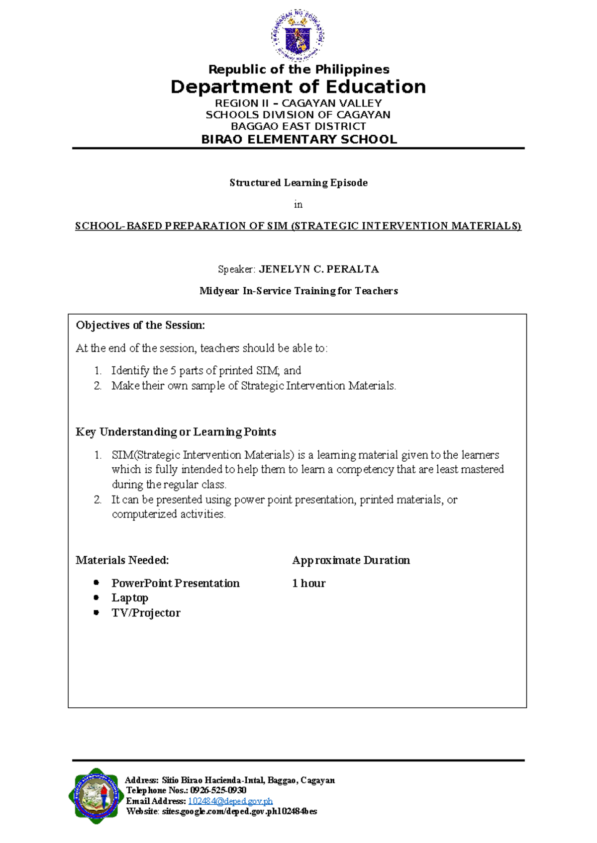 Structured Learning Episode in Cluster Inset - Department of Education REGION II – CAGAYAN ...