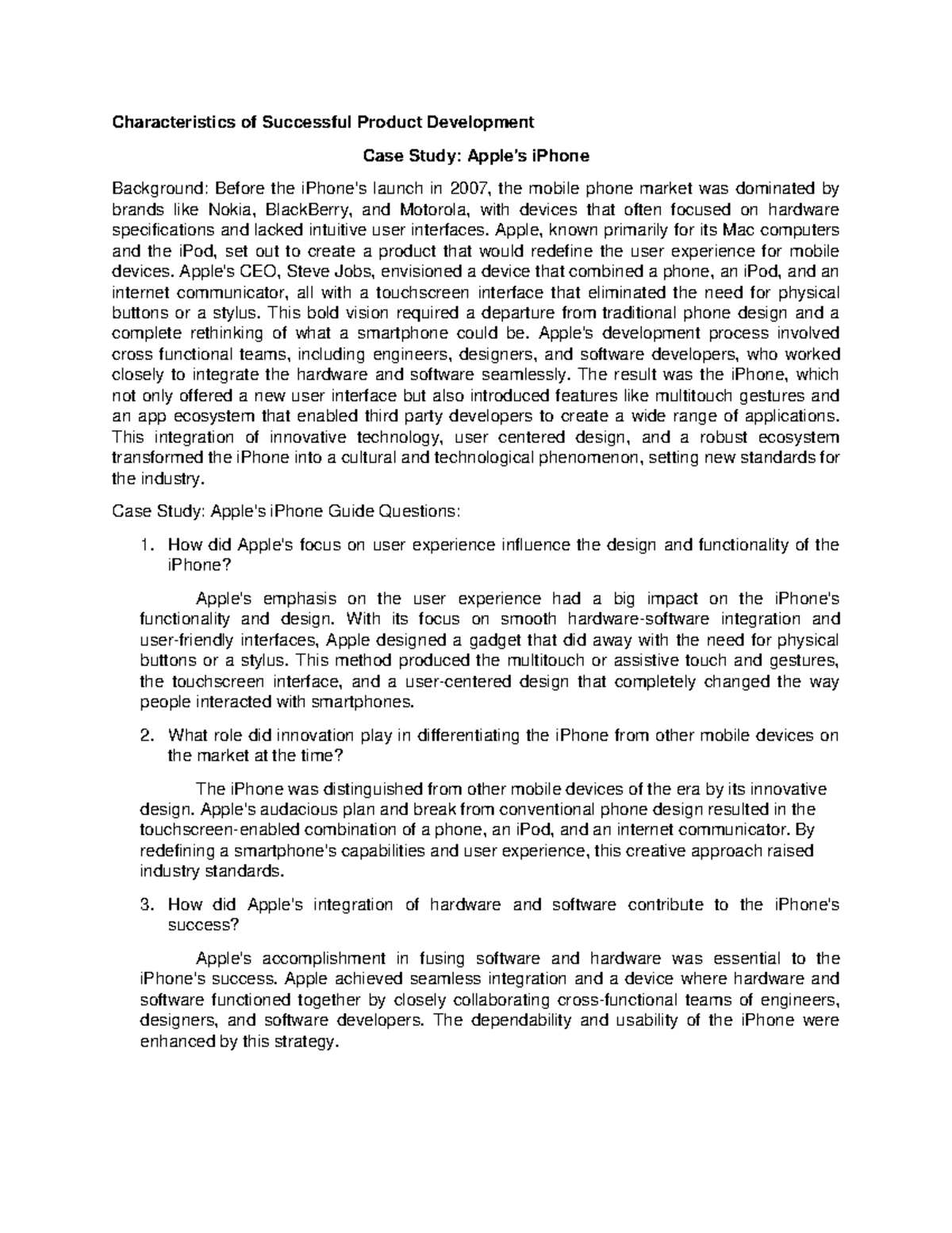 Case study analysis and comp. - Characteristics of Successful Product Development Case Study ...