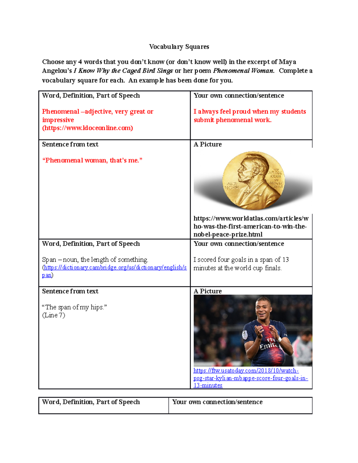 Vocabulary Squares activity - Vocabulary Squares Choose any 4 words ...