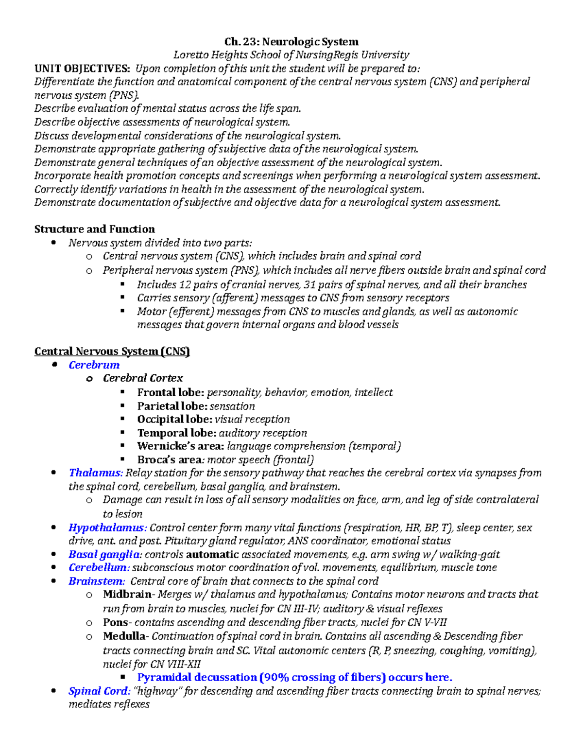Chapter 23 Neurological System Notes - Ch. 23: Neurologic System ...