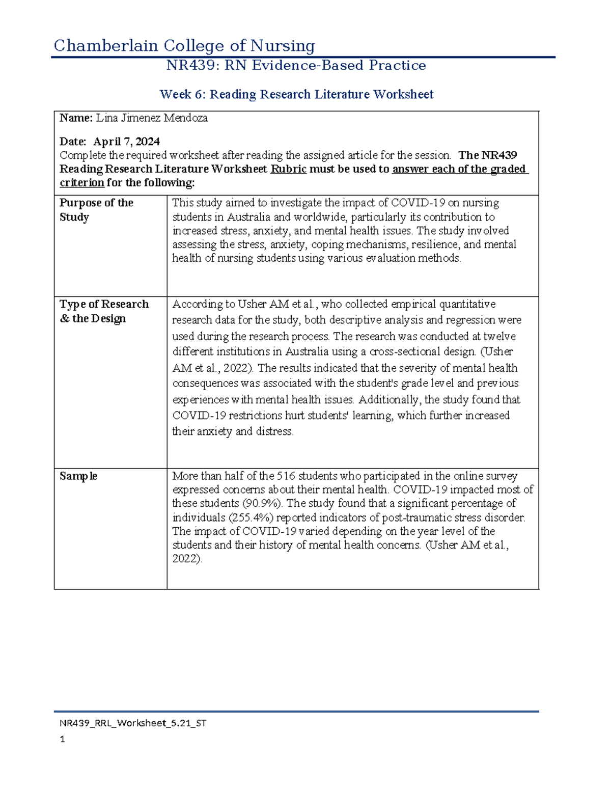 NR 439 week 6 Reading, Research Literature Worksheet - Chamberlain College of Nursing NR439: RN ...