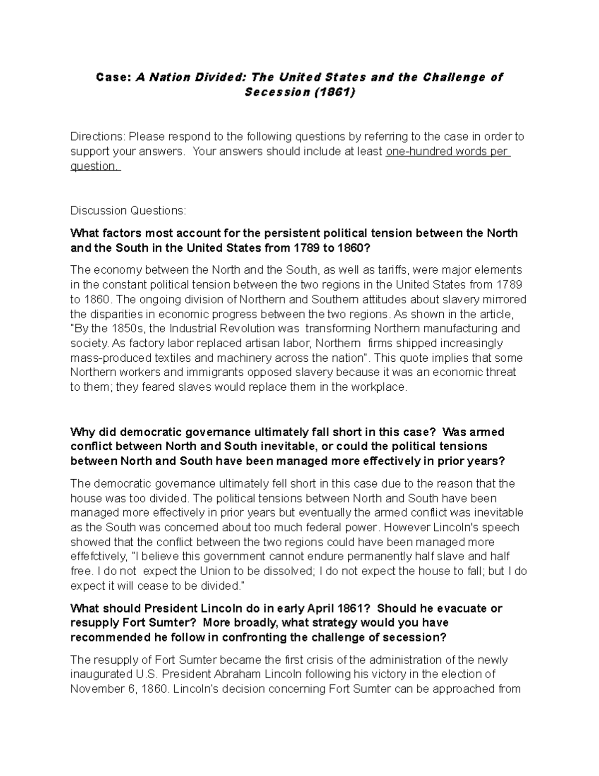 Discussionquestions Nation Divided - Case: A Nation Divided: The United ...