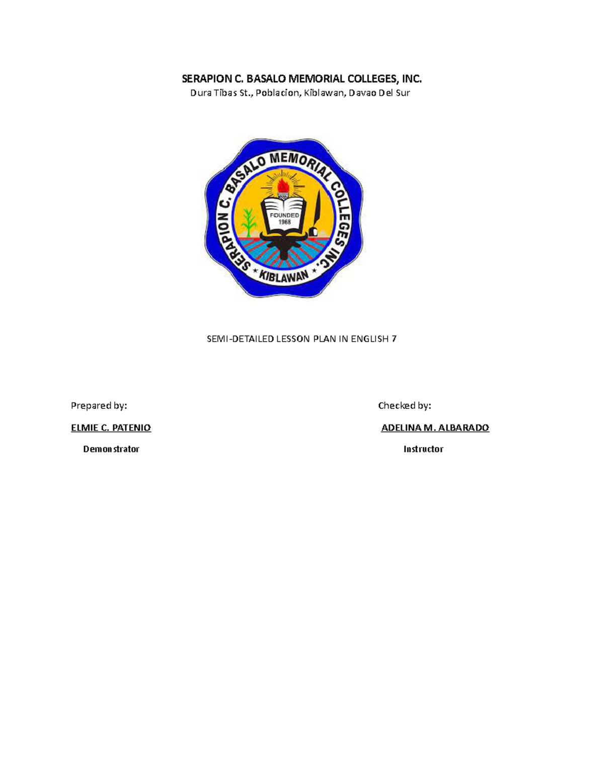 Lesson plan final demo - I need this for my tutorial. - SERAPION C ...