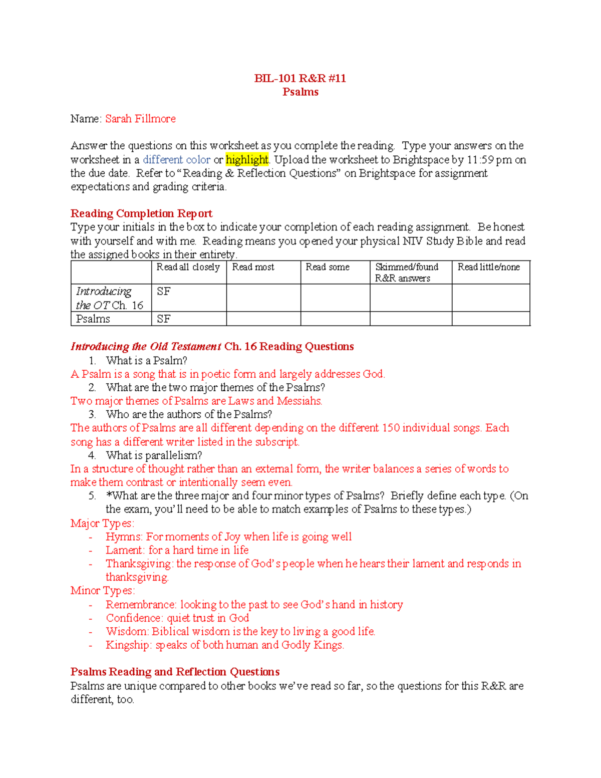 BIL101 RR11 Psalms - Reading and Responding - BIL-101 R&R Psalms Name ...