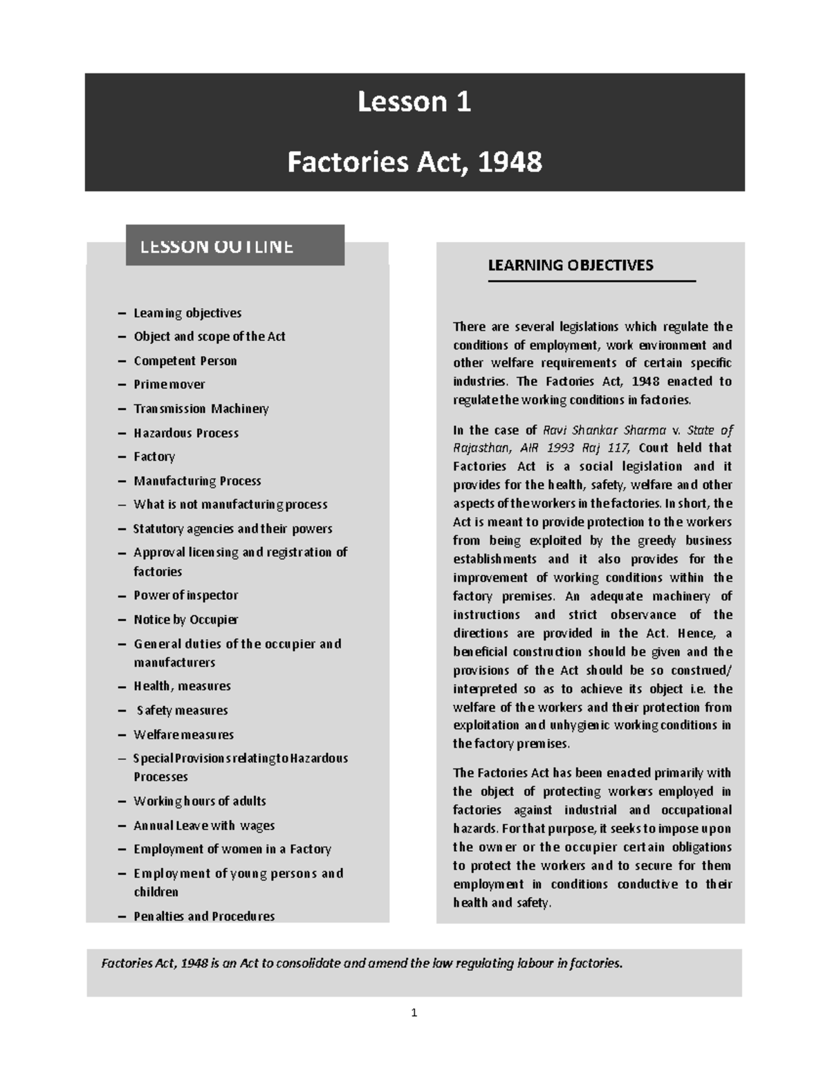 UNIT 1TO 2 - LECTURE NOTES - Lesson 1 Factories Act, 1948 1 1 Lesson 1 ...